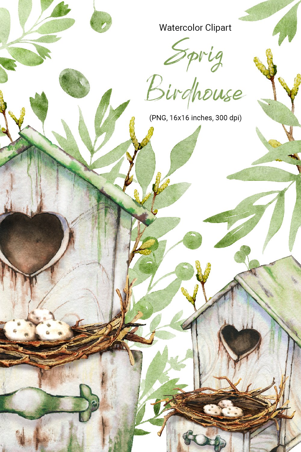 Spring birdhouse, nest with eggs, watercolor clipart