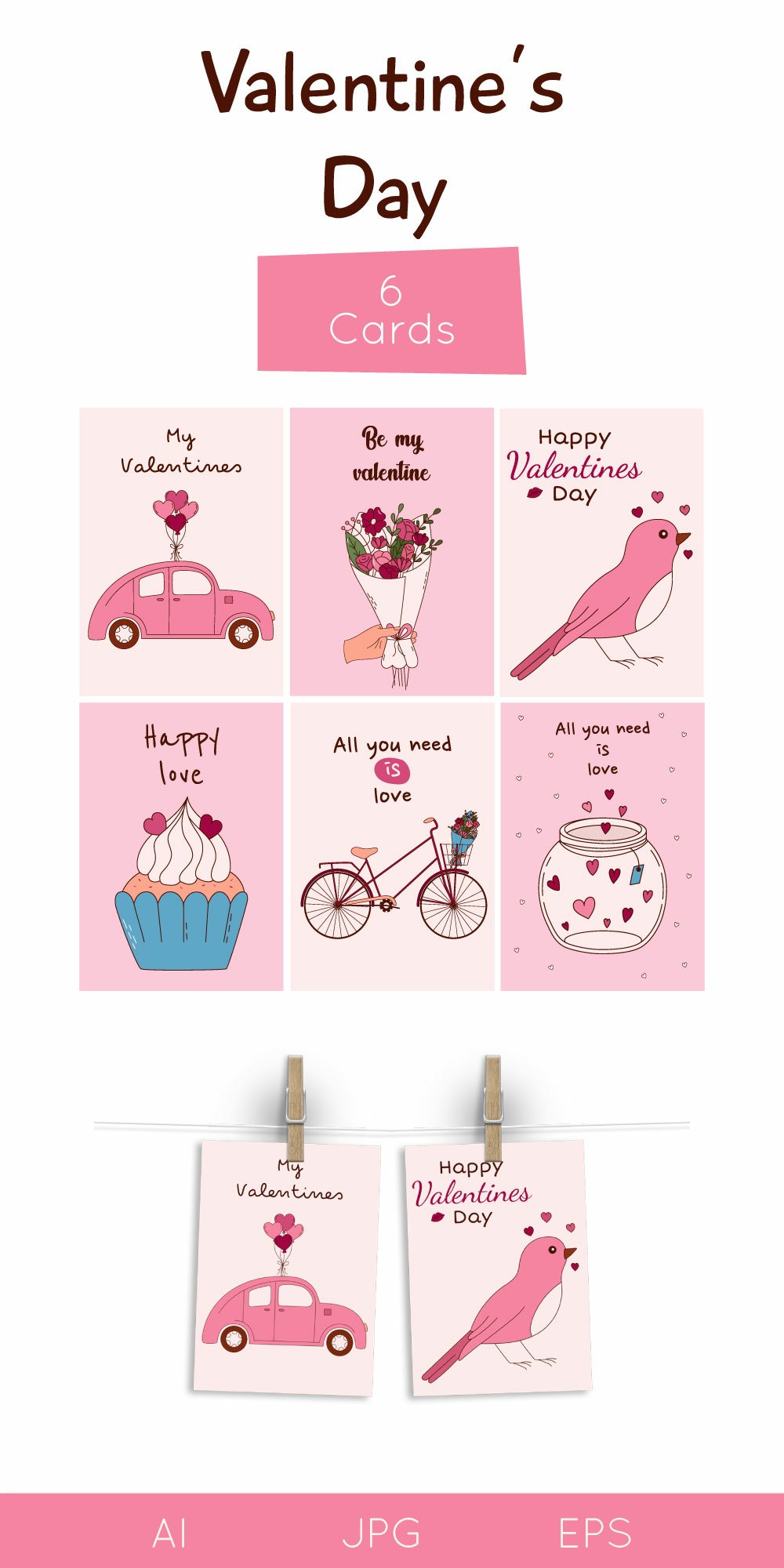 Valentine's day hand drawn cards bundle