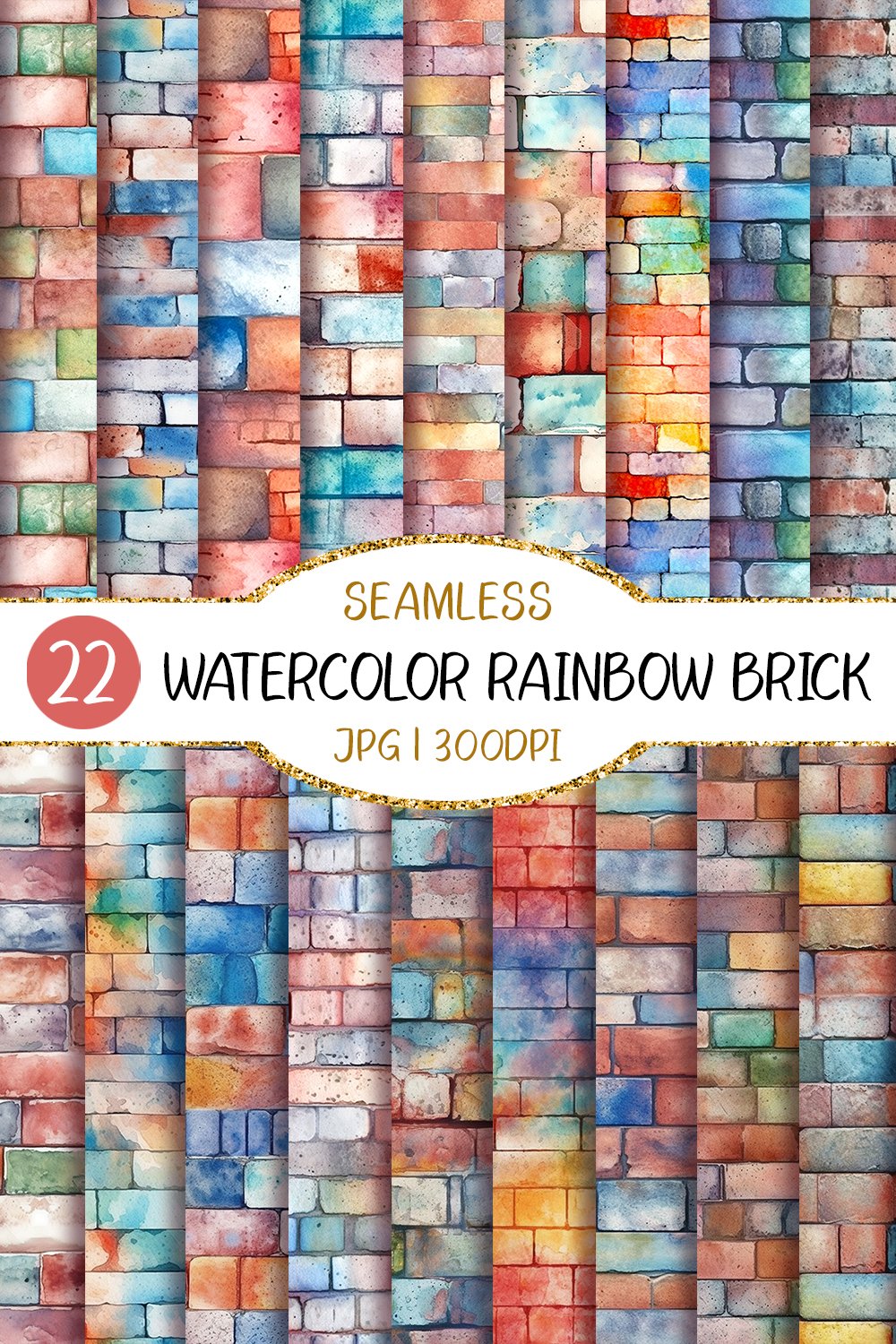 Seamless Watercolor Rainbow Brick Digital Paper