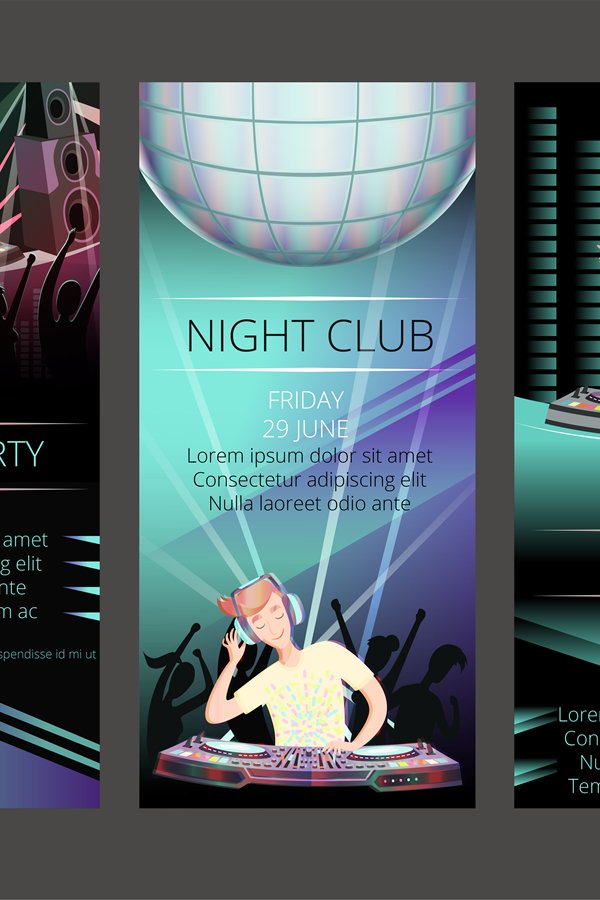 Night club invitation cards. DJ party illustrations
