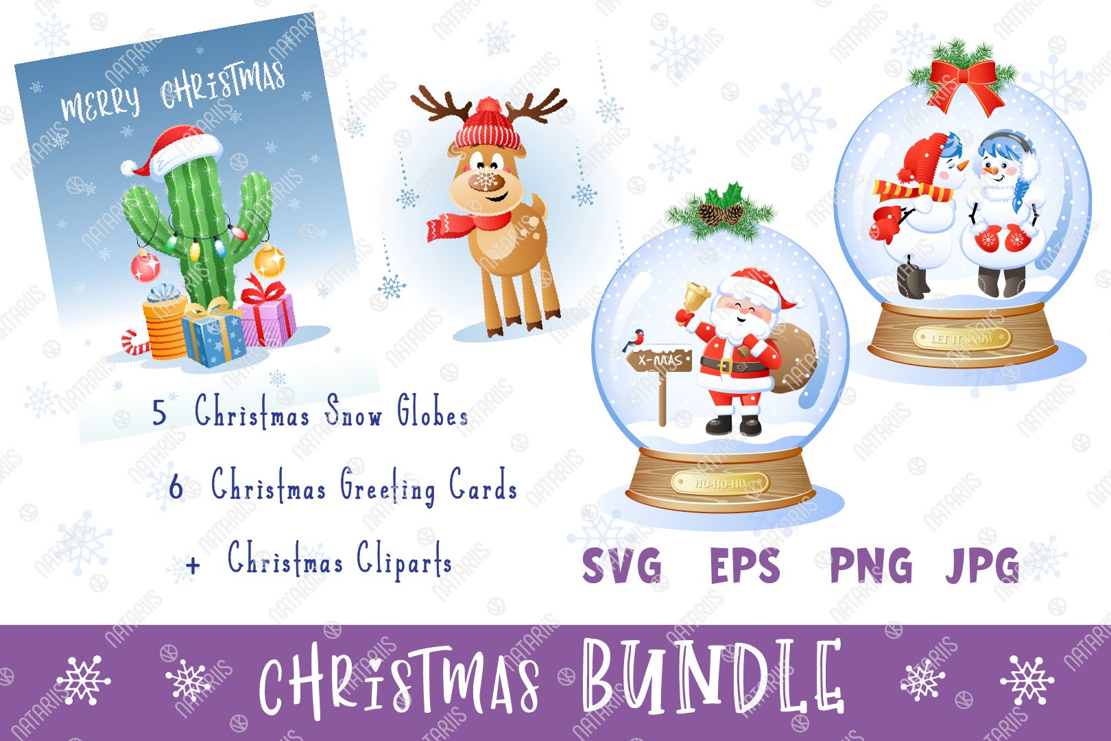Digital Christmas set with 5 funny Snow Globes.