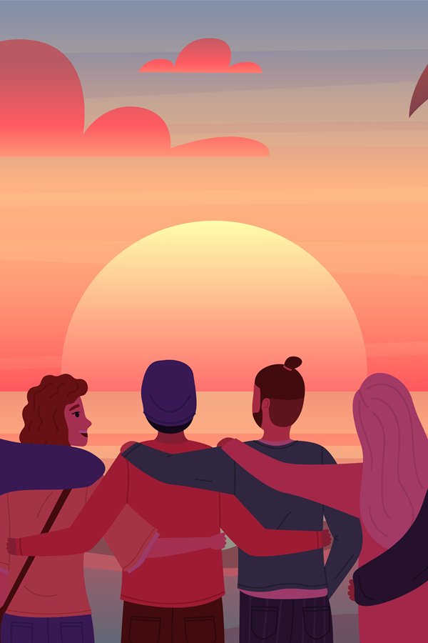 Friends at sunset. Cartoon men and women looking at sun. Tou