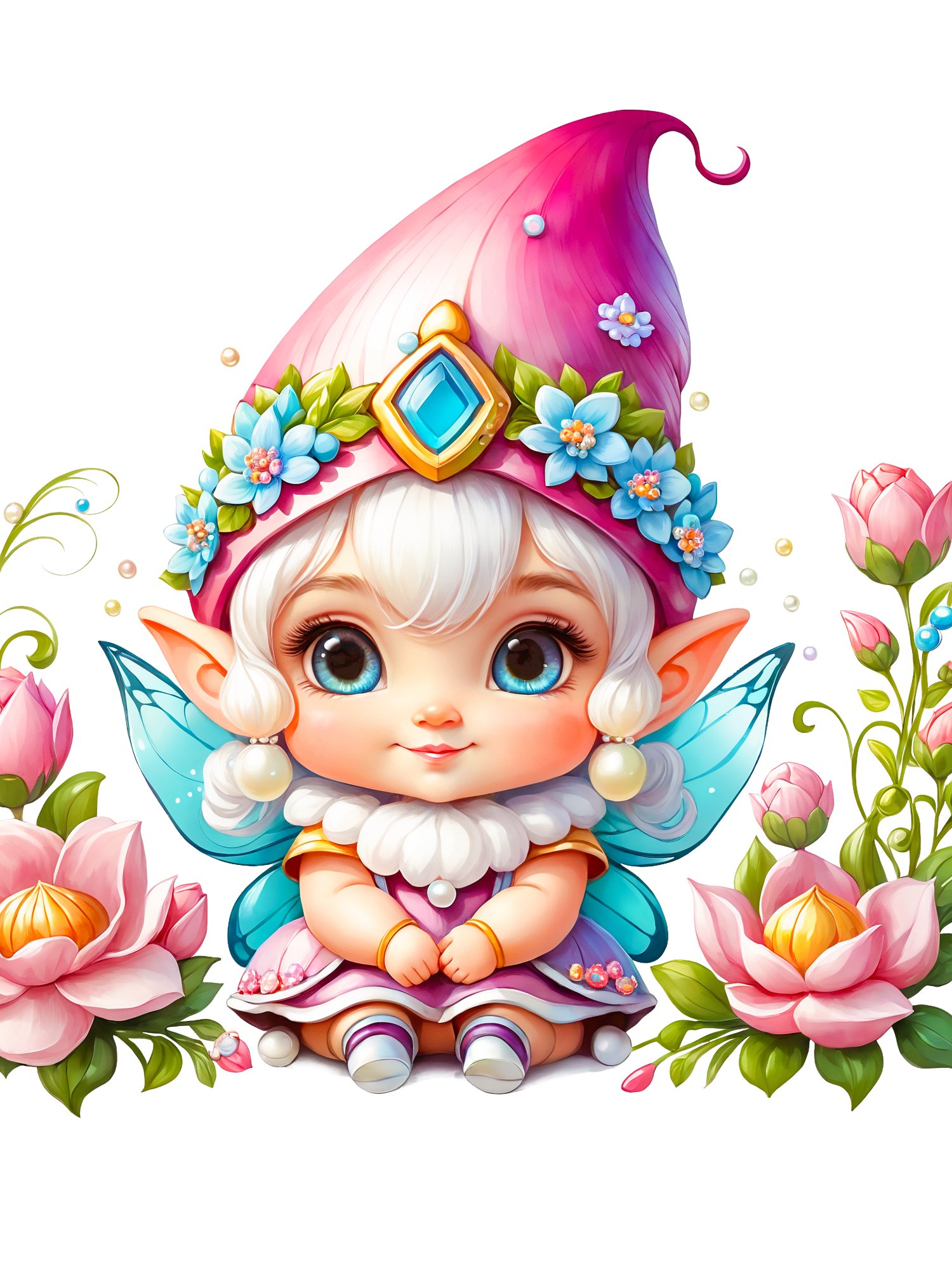 Cute Garden Gnome Girl in Flowers Clipart PNG