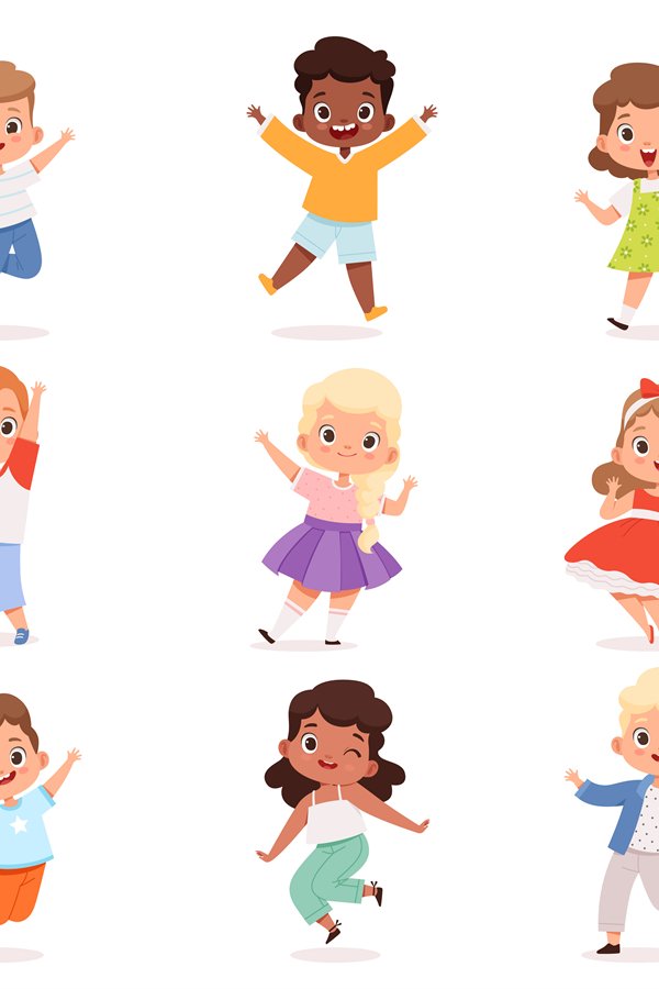 Happy childrens. Cute playing kids in action poses vector bo