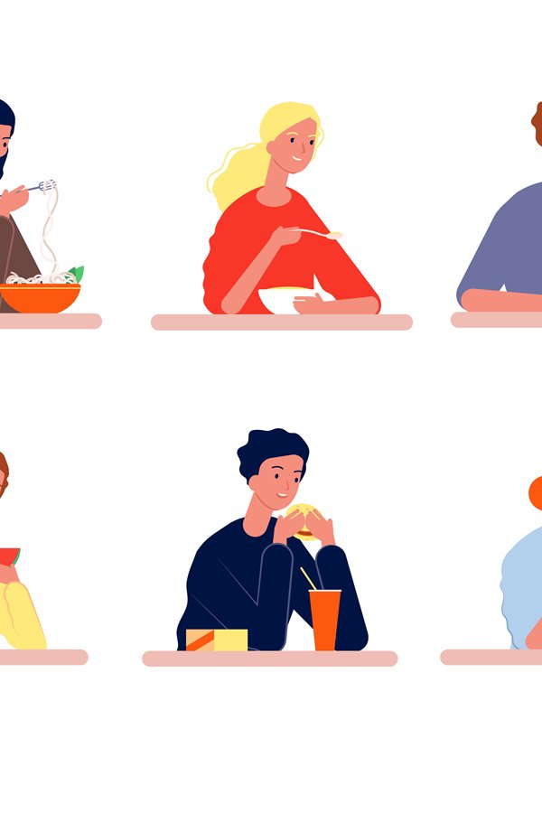 People eating. Hungry characters with different food vector