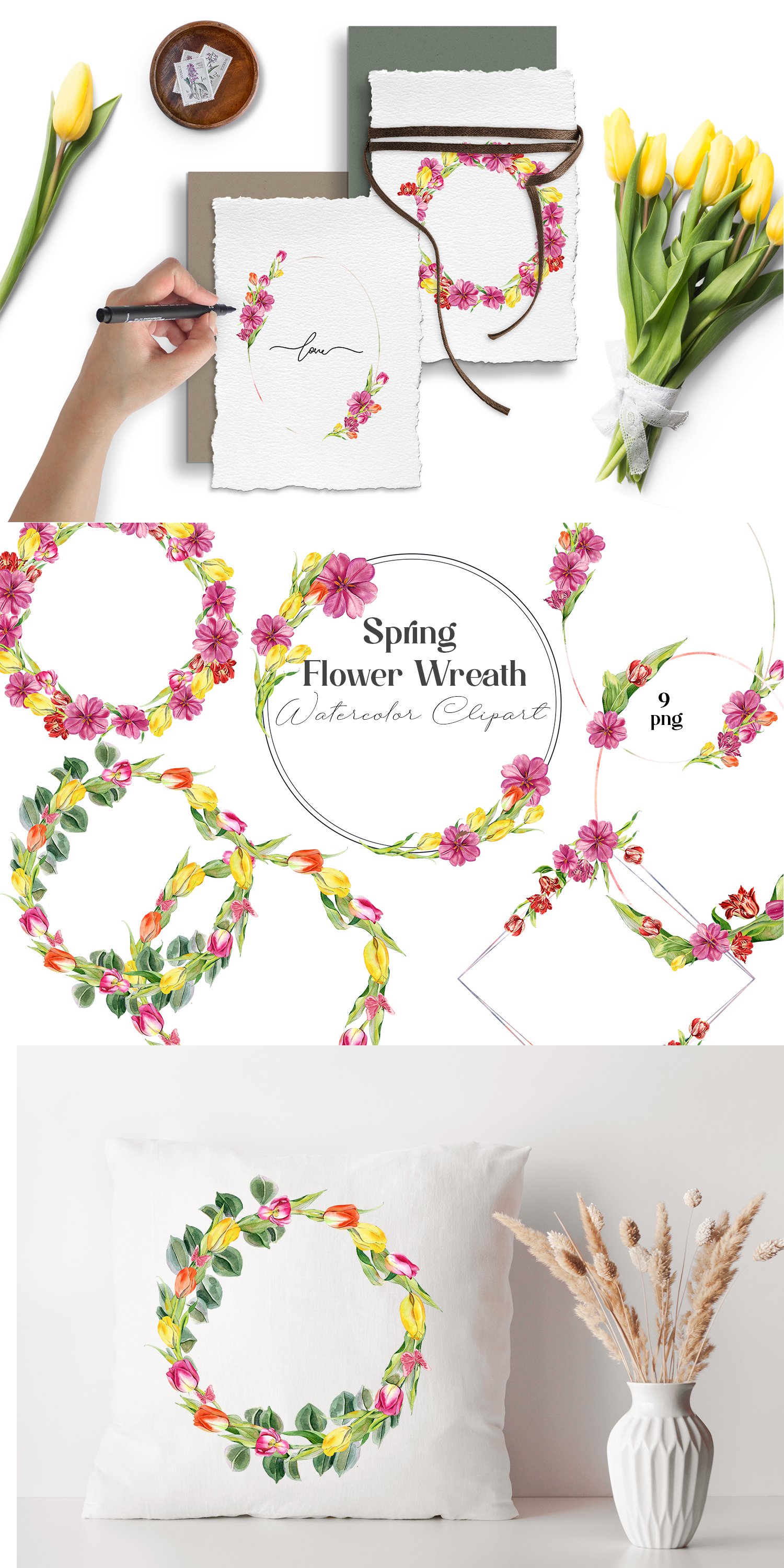 Watercolor Spring Flower Wreath, Easter Sublimation