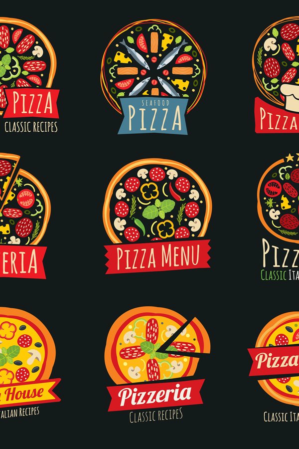 Pizza color labels isolated. Italian restaurant vector badge