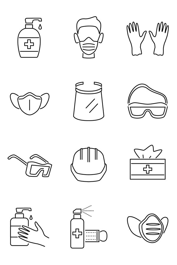 Ppe line icons. Protection equipments, masks and goggles, do