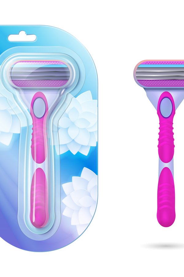 Woman shaving razor. Realistic pink razors in pack and isola