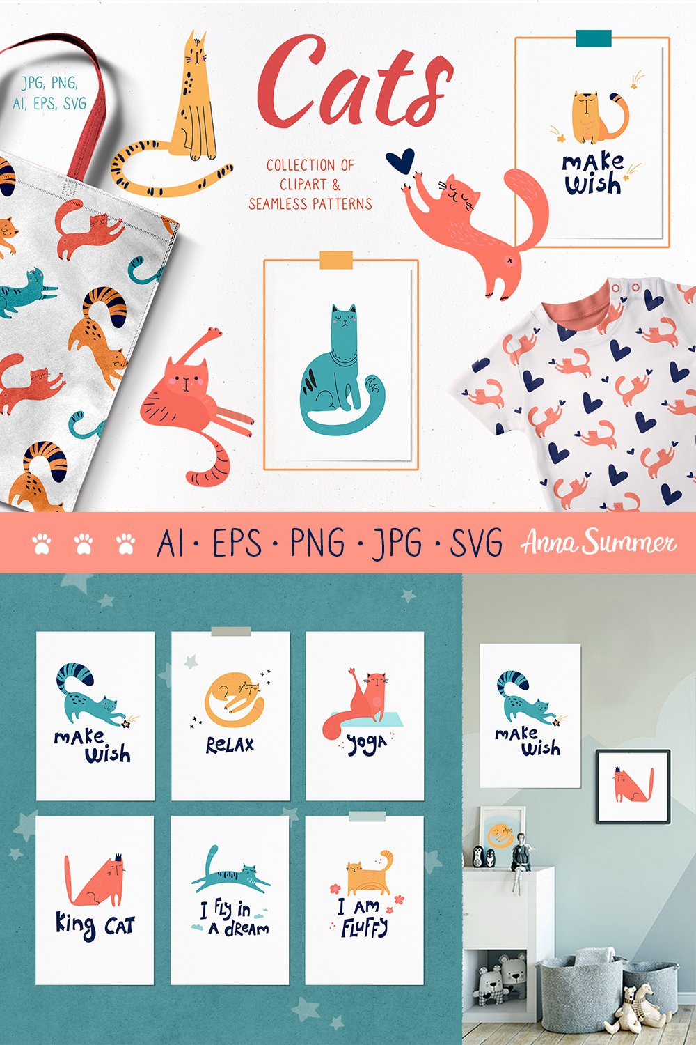 Cats - clipart & seamless patterns. PNG, SVG, Vector