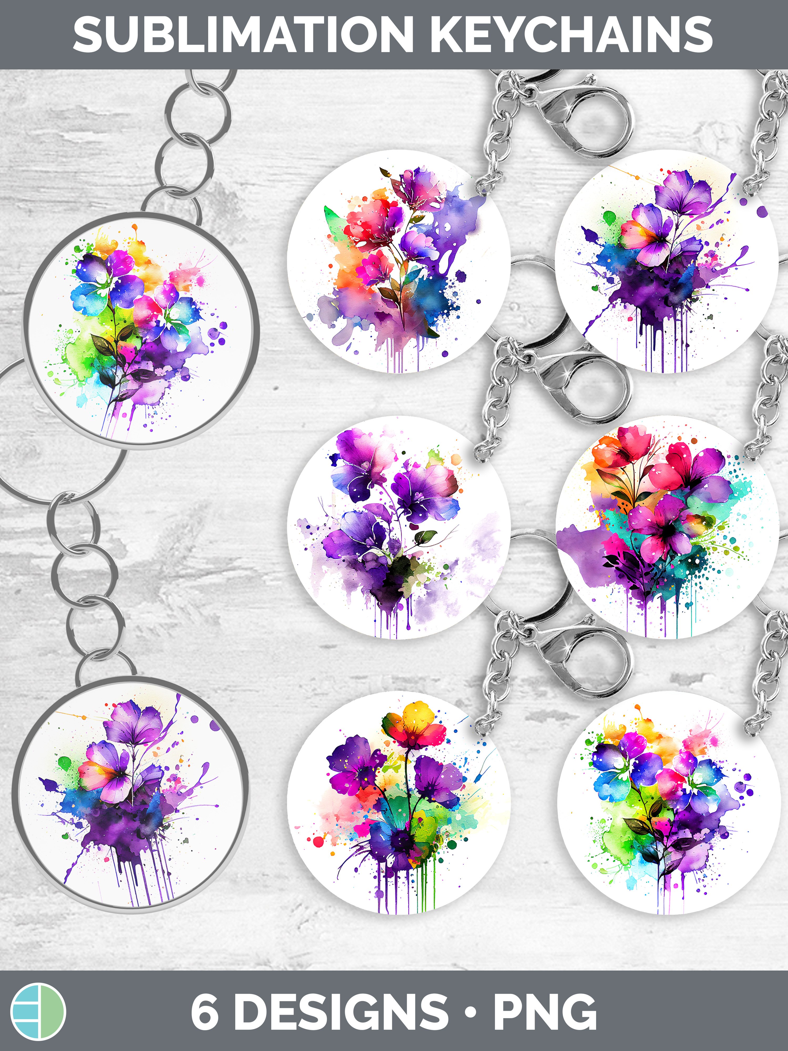 Rainbow Violet Flowers Keychain | Sublimation Keyring Design