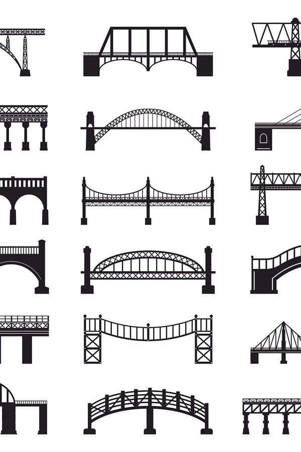 Bridge construction silhouette. River bridge architecture