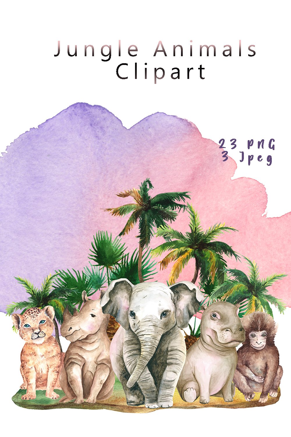 Watercolor Jungle Baby Animals On The Island Clipart PNG