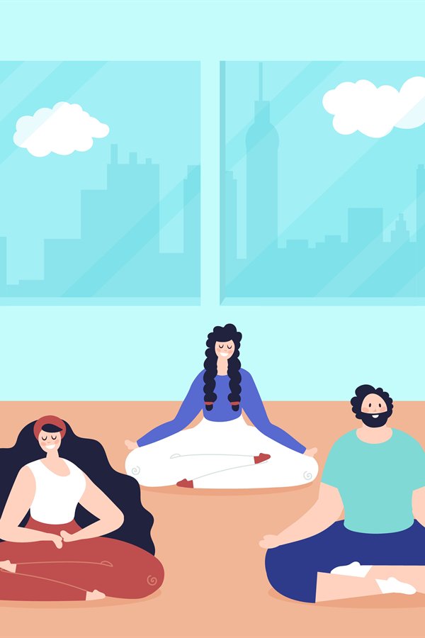 Meditation people. Relaxation room, breathing yoga exercises
