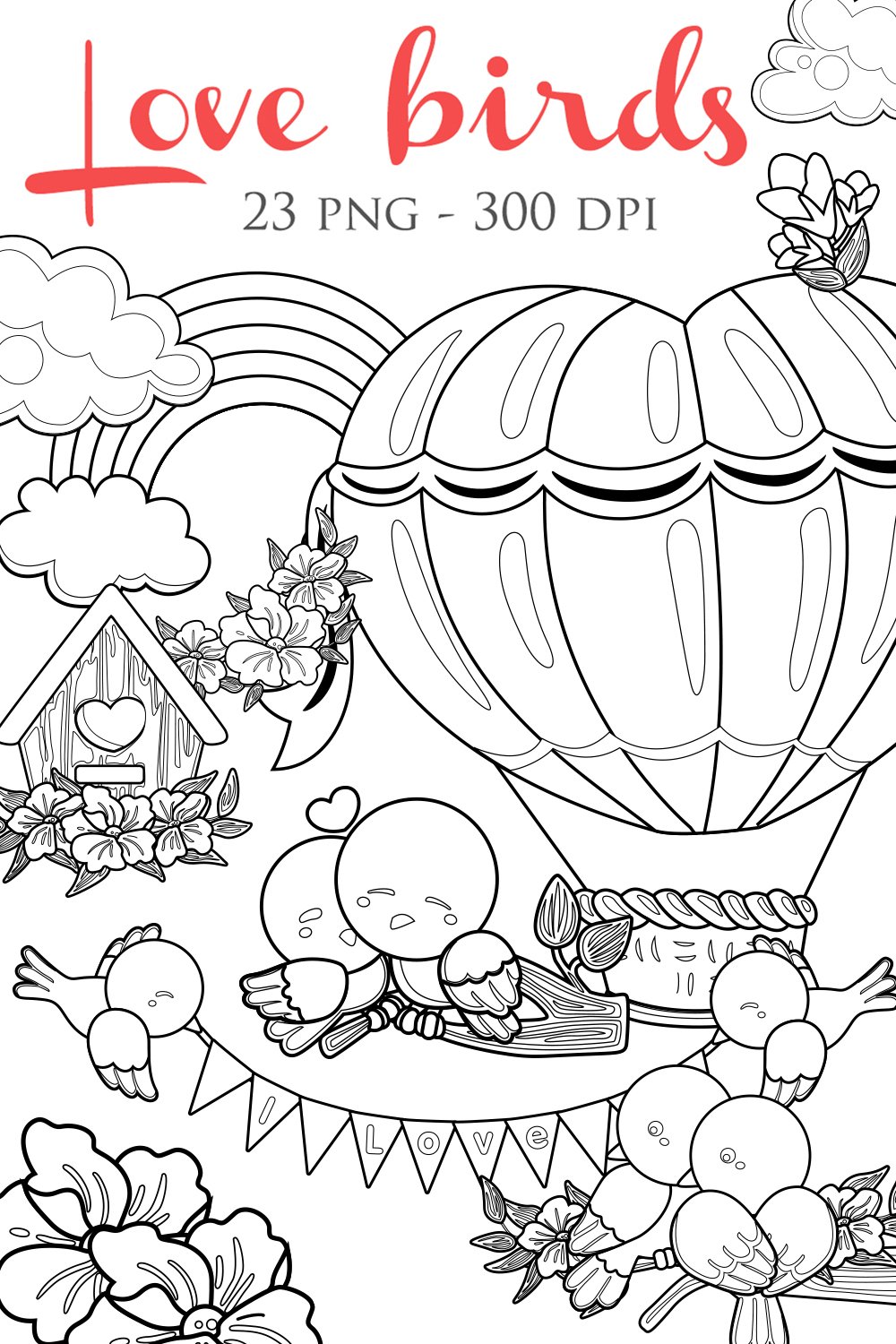 Love Birds Animal Valentine Sticker Outline Digital Stamp