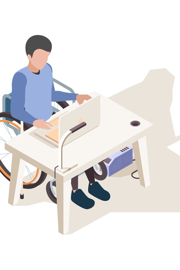 Disabled at desk. Person home handicapped computer work and