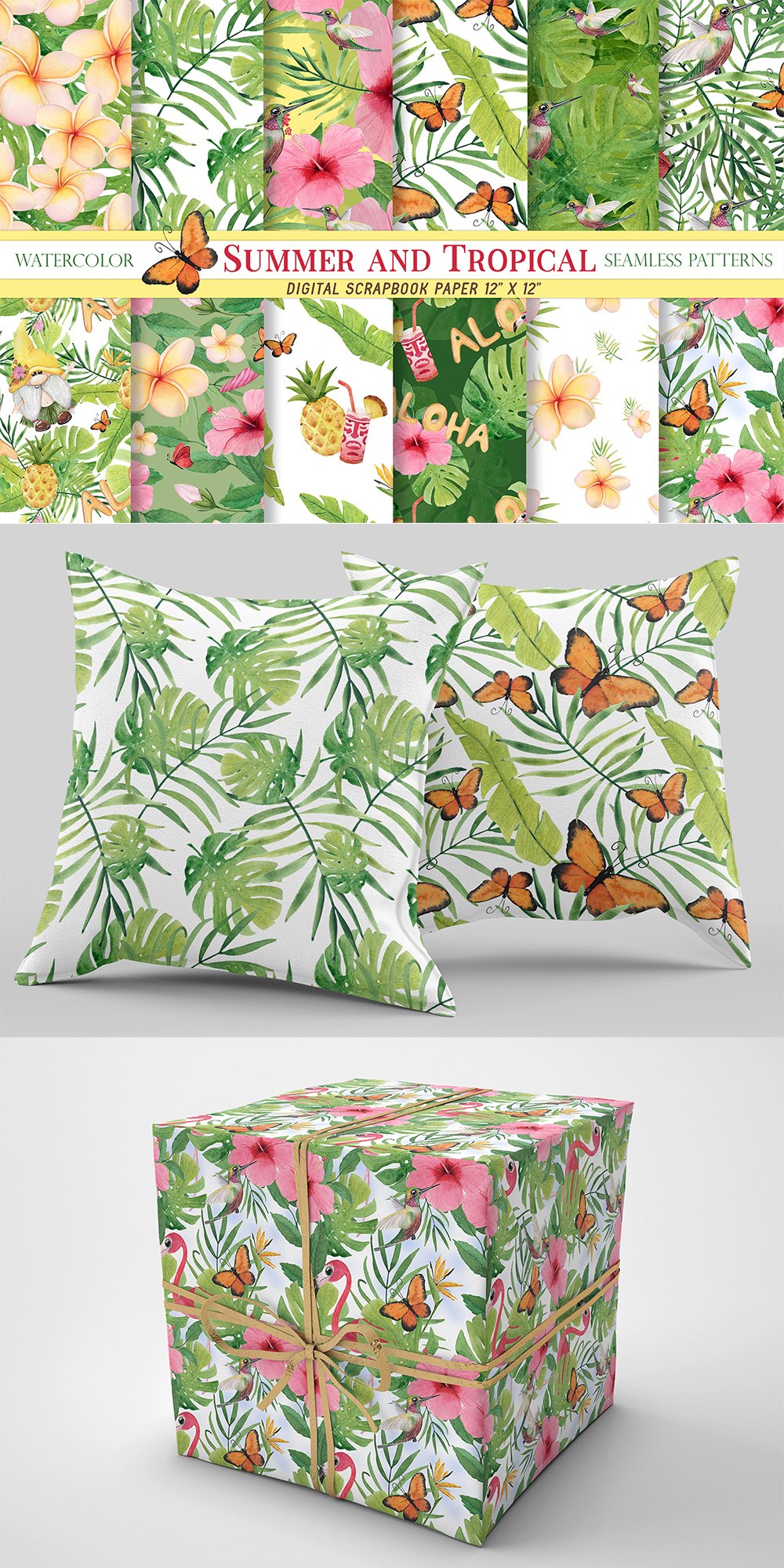 Watercolor Tropical Summer seamless patterns, (1290792)