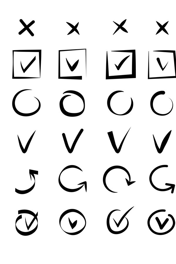 Hand drawn tick marks. Checklist signs, doodle marker drawin