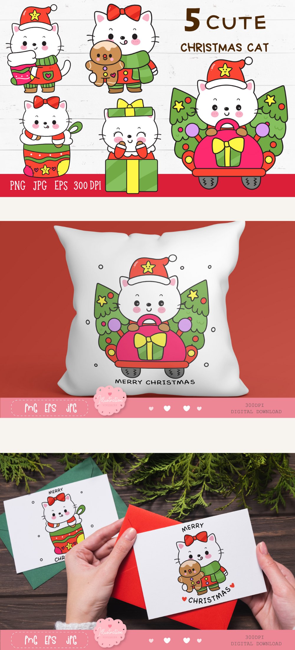 Cute santa cat Christmas animal with gift. X mas card