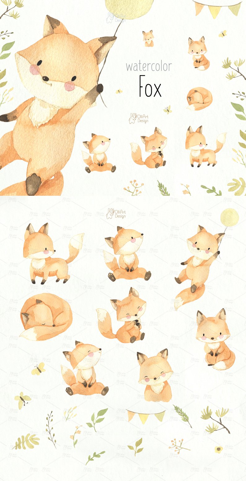 FOX watercolor clipart. Woodland