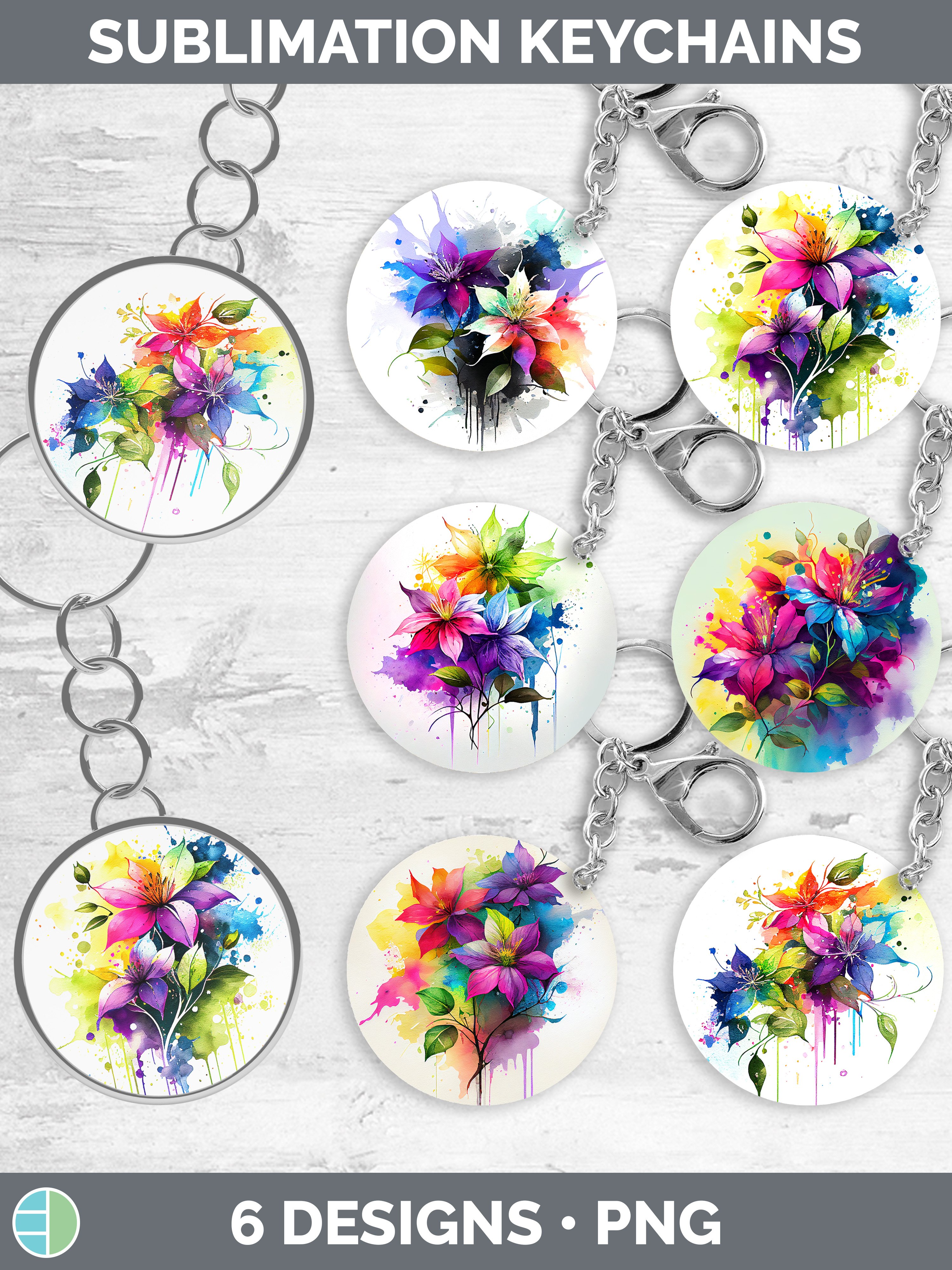 Rainbow Clematis Flowers Keychain | Sublimation Keyring Desi