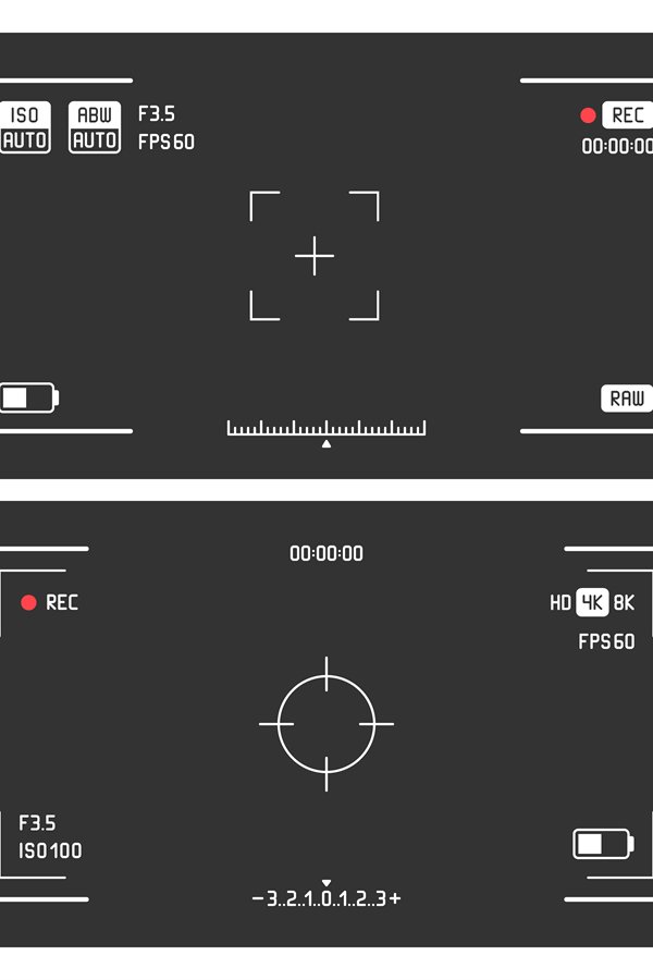Video camera viewfinders. Recording view frame, cinema rec v