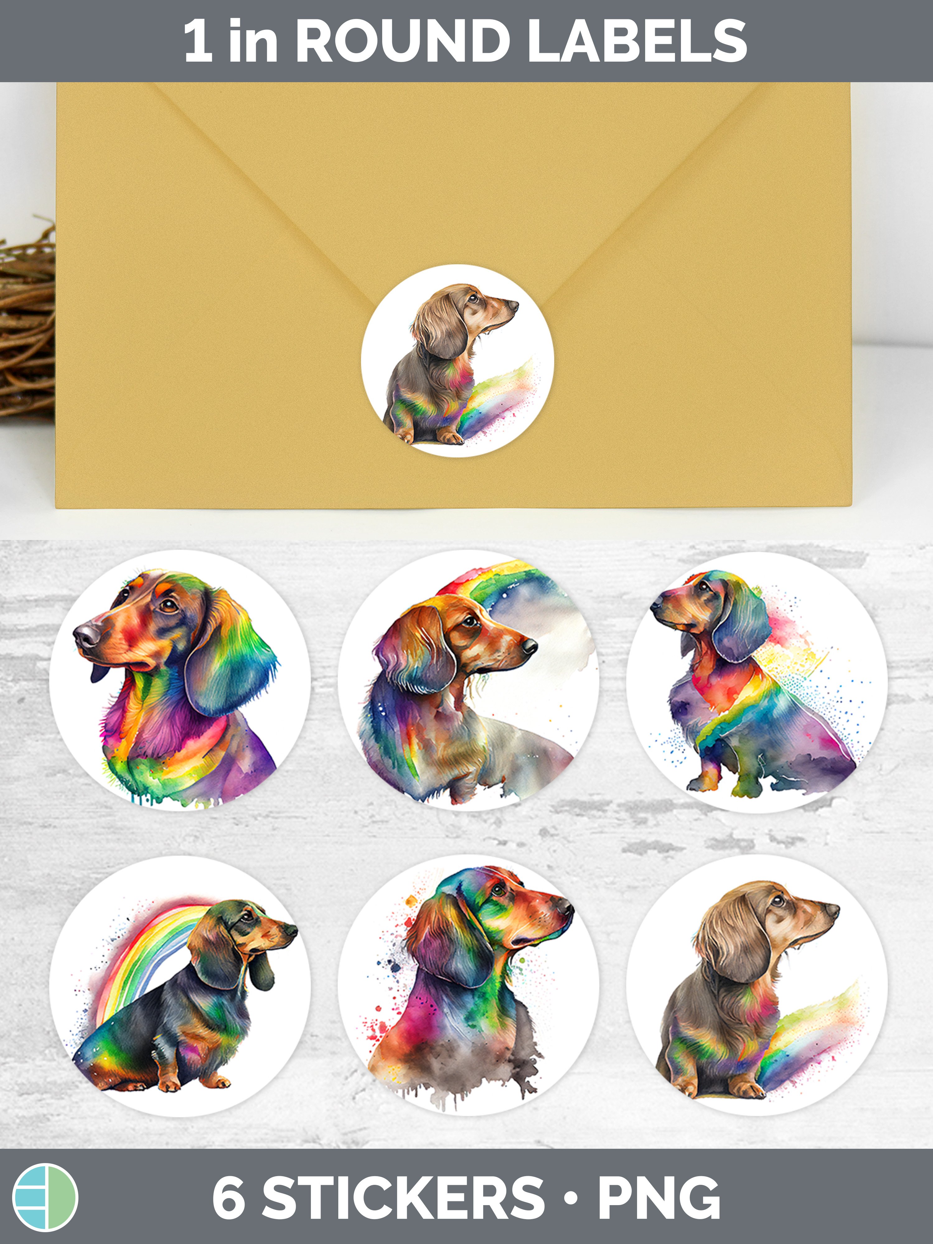 Rainbow Dachshund Stickers | Sublimation Round LabelsDesigns