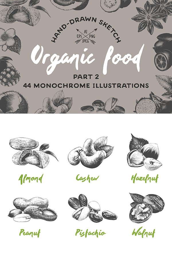 Set of 39 organic food objects