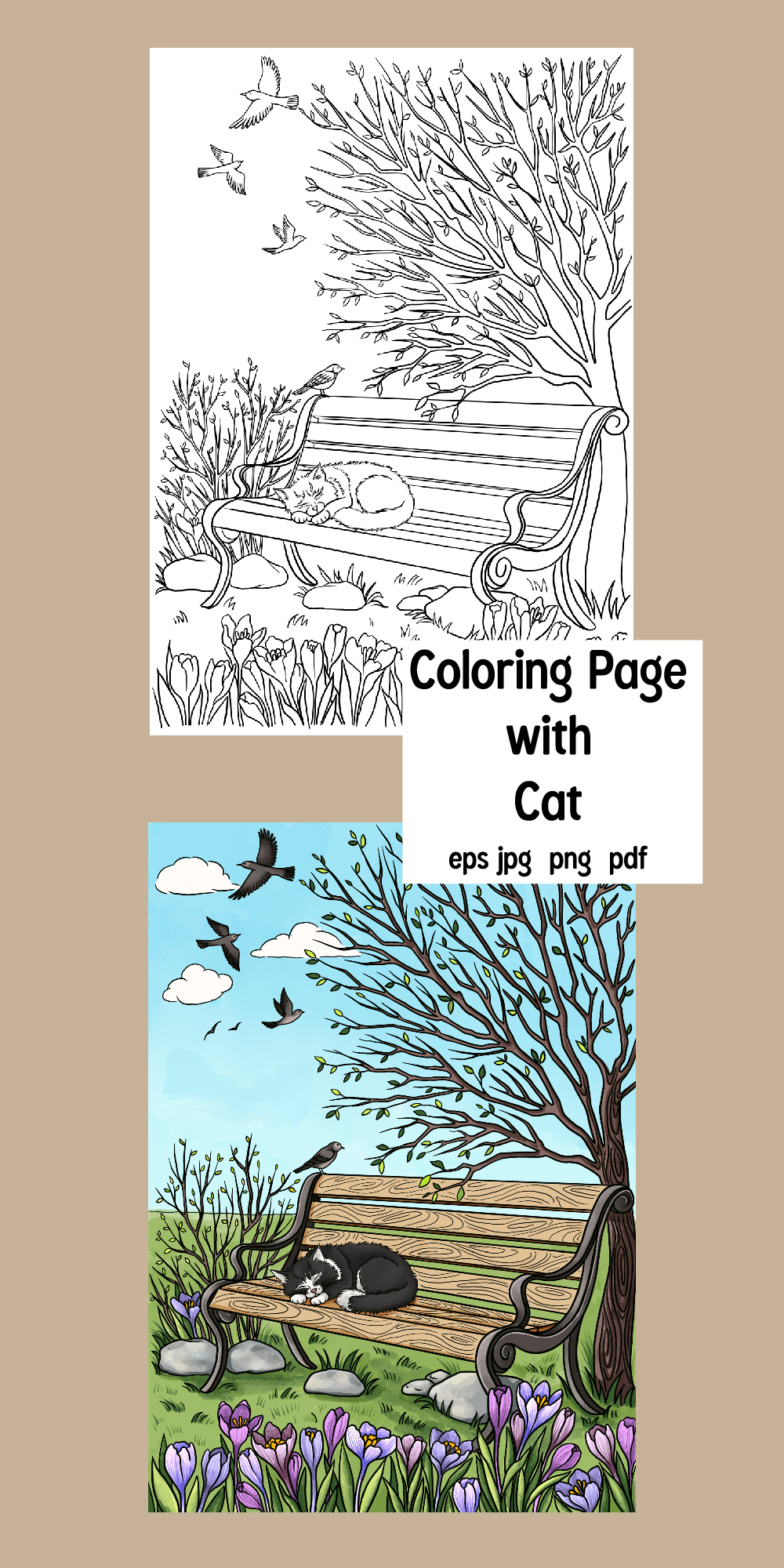 Coloring page with a cat on a bench