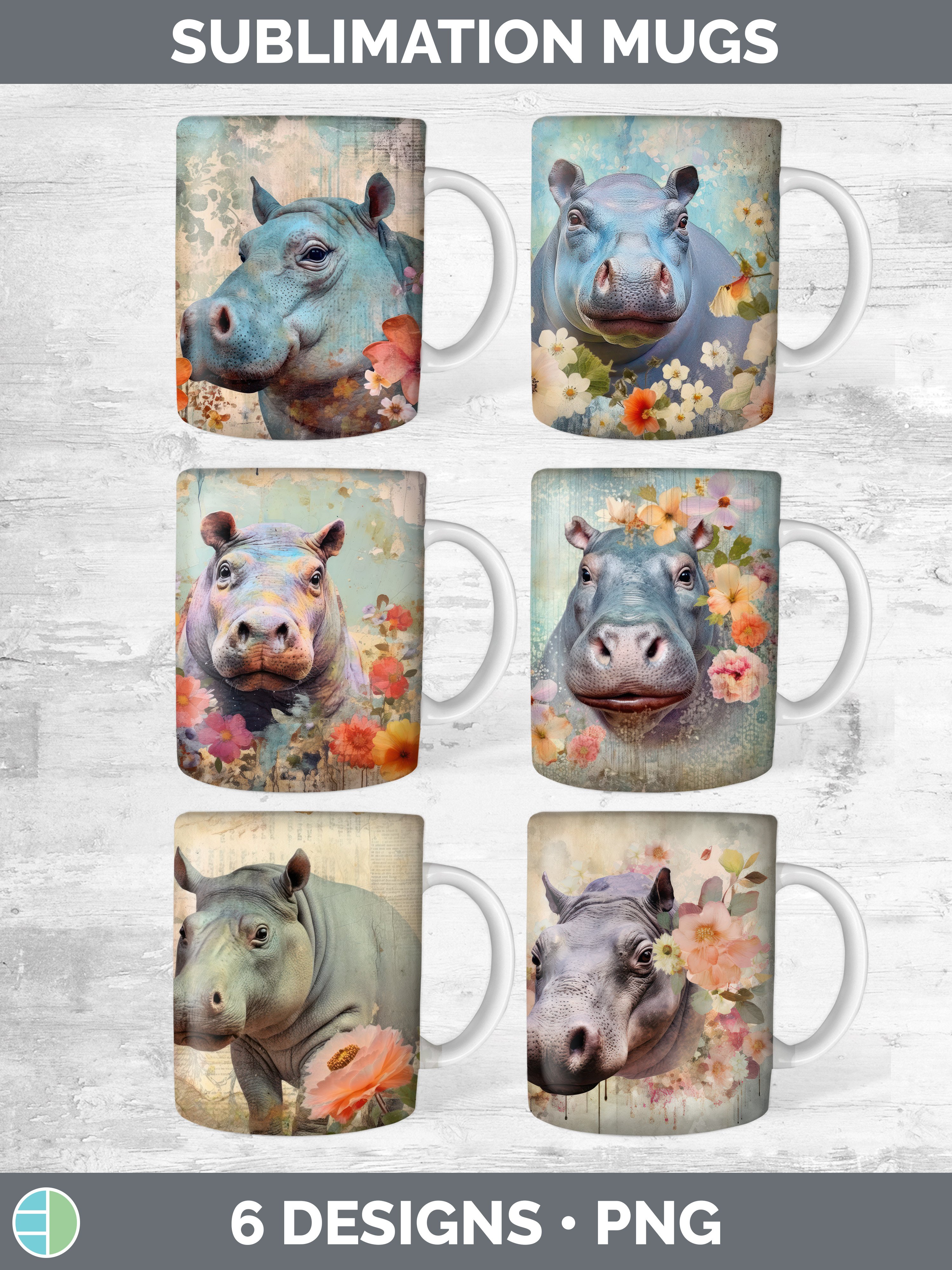 Vintage Hippo Mug Wrap | Sublimation Coffee Cup Designs Bund