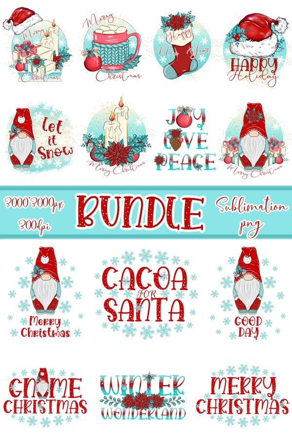 Christmas Gnomes Sublimation Bundle/Santa Png (1614274)