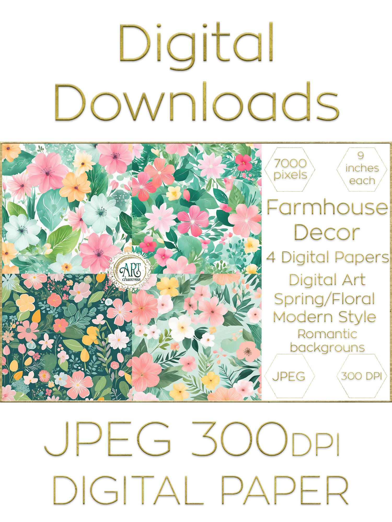 Pink flowers Romantic Greenery Digital Paper (3518676)