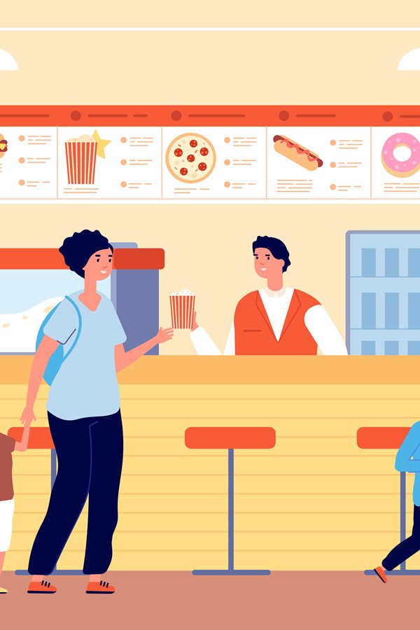 Cinema interior. Theater cafeteria, movie audience in hall.