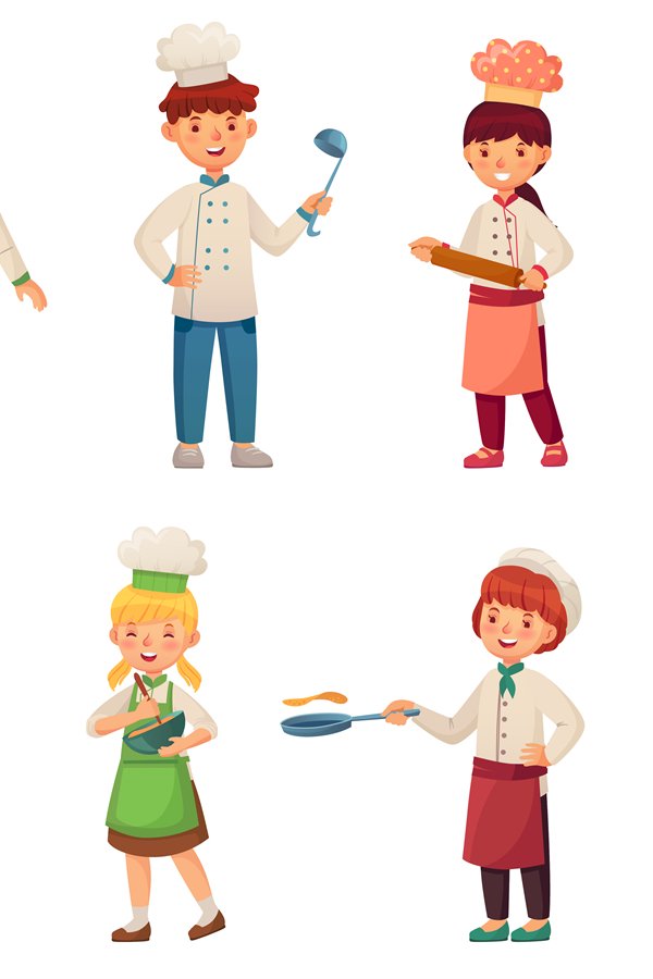 Cartoon cooking children. Little chef cooks food, kid cook a