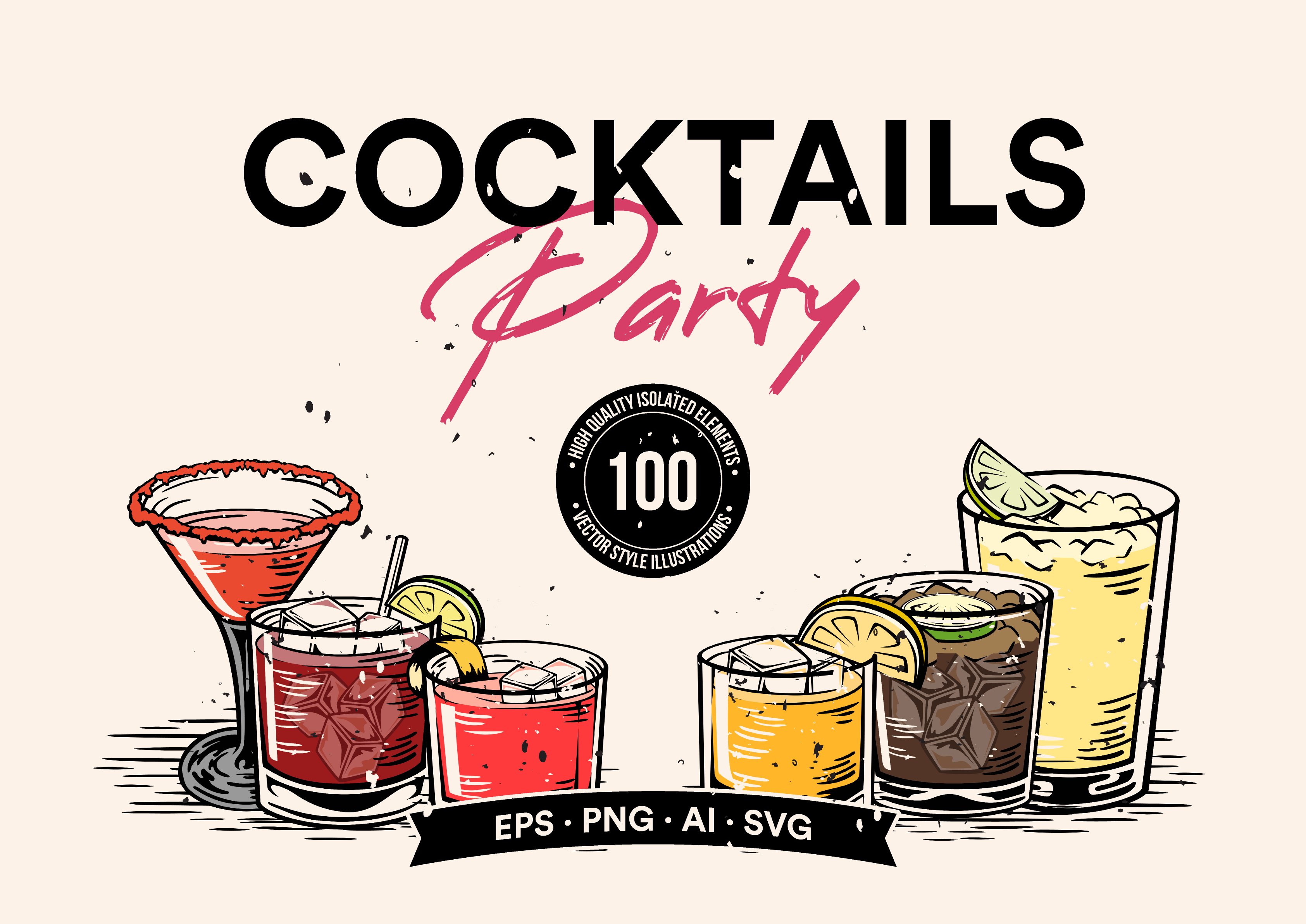 100 Vintage Cocktails Party - SVG Beverages Illustrations