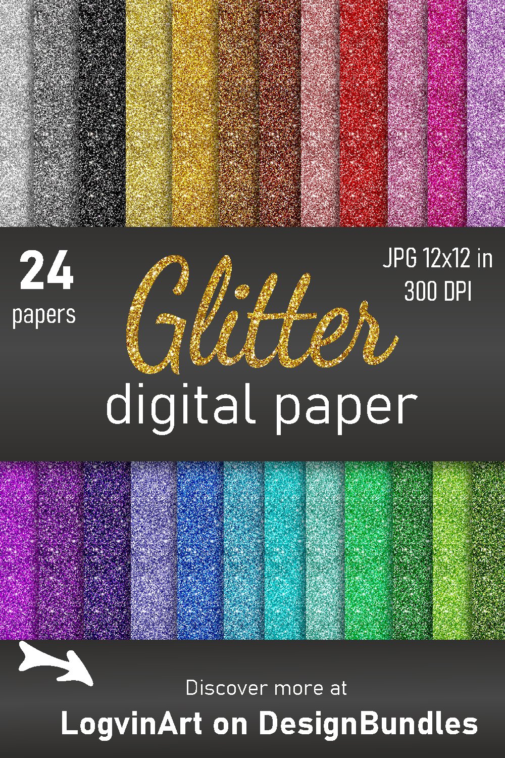 24 Glitter digital papers| Multicolor sparkling glitter pack