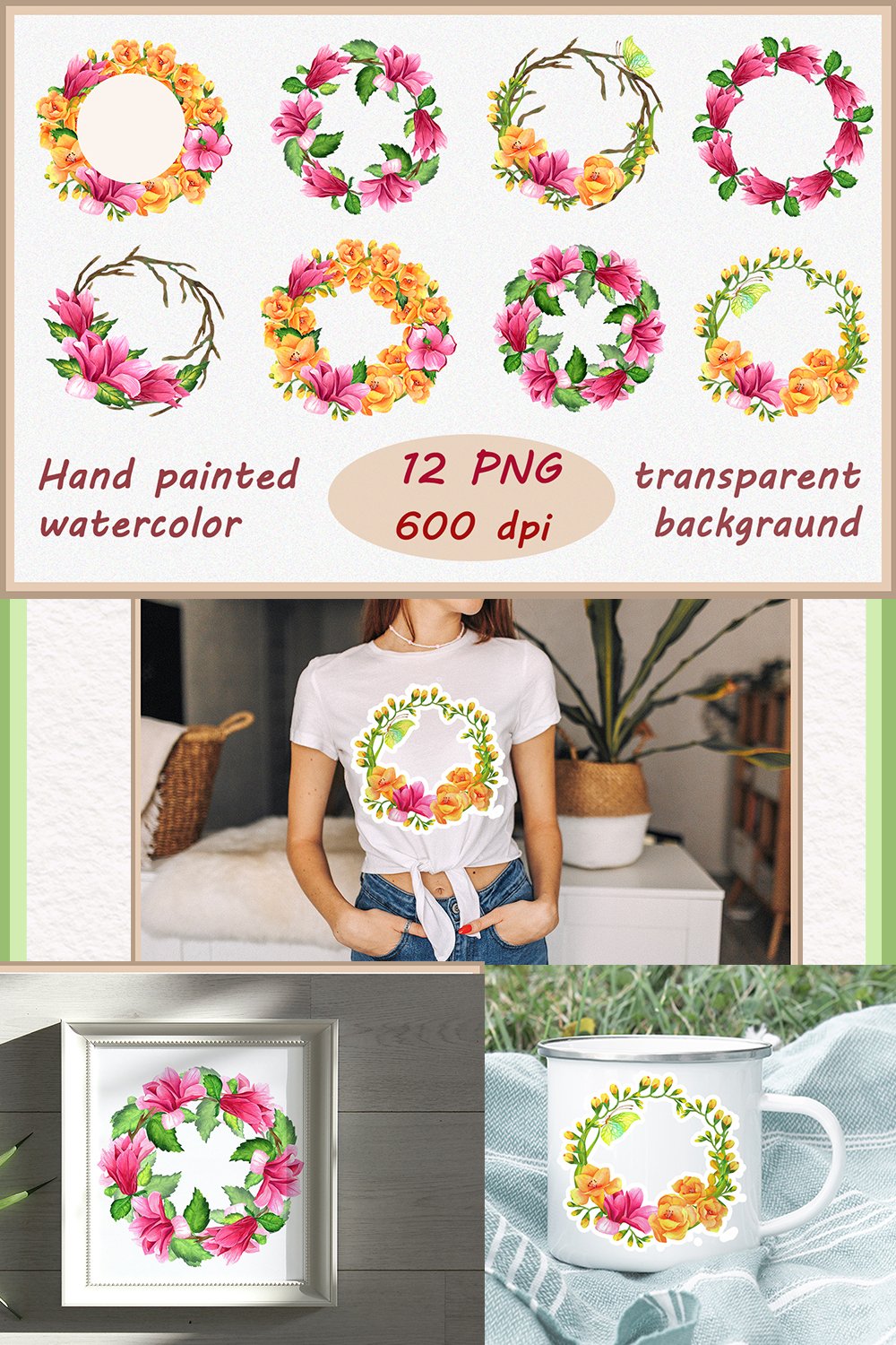 Watercolor Floral Wreaths - 12 PNG files 600 dpi