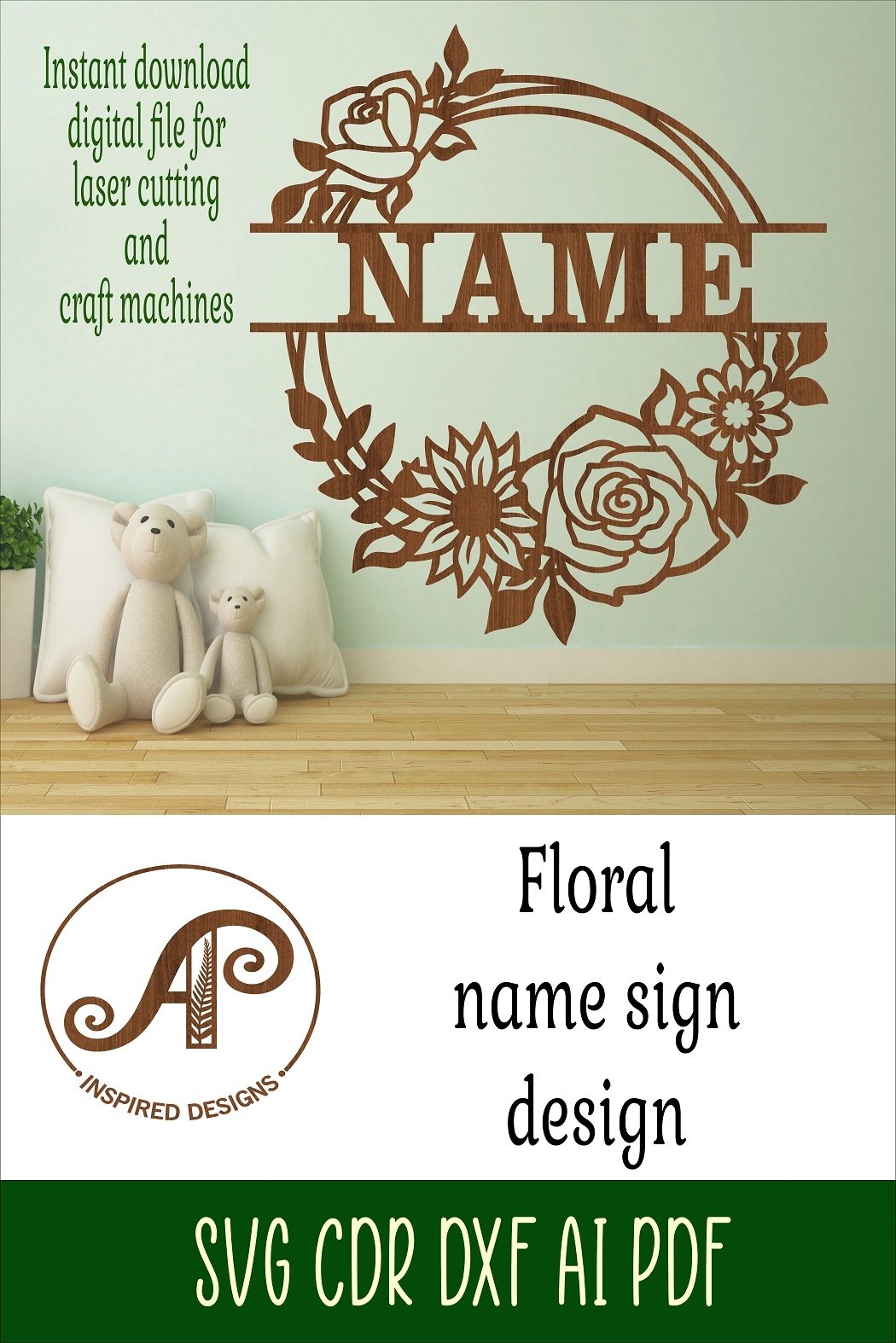 Floral name sign svg laser cut template