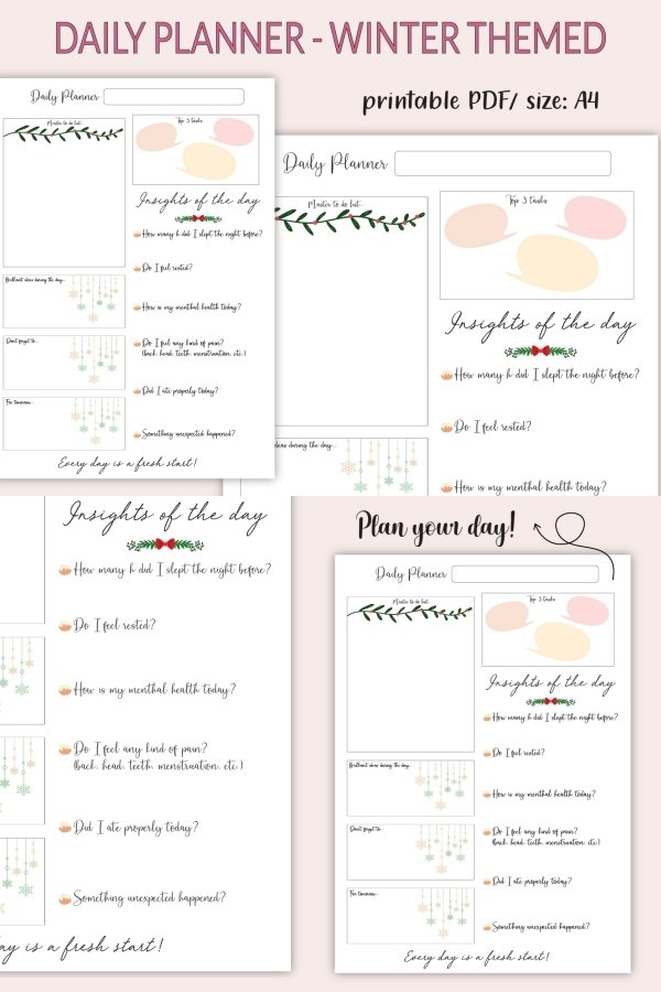 Daily Planner printable winter theme, Bullet Journal insert