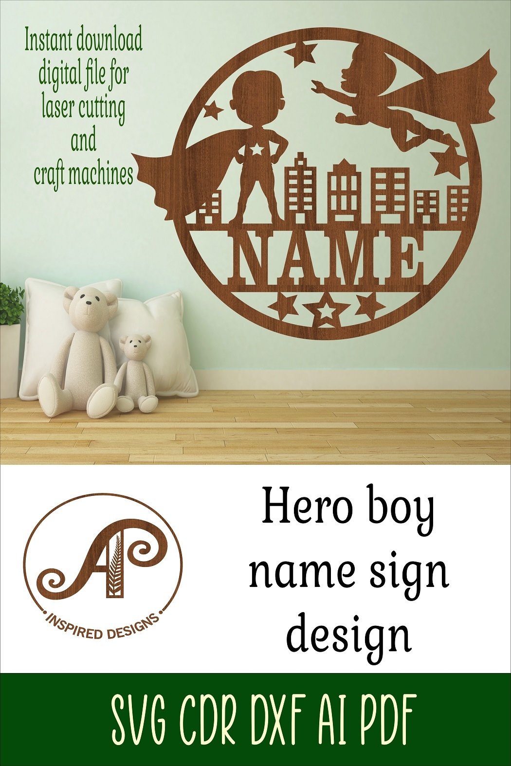 Hero Boy Name sign svg laser cut template, wall art