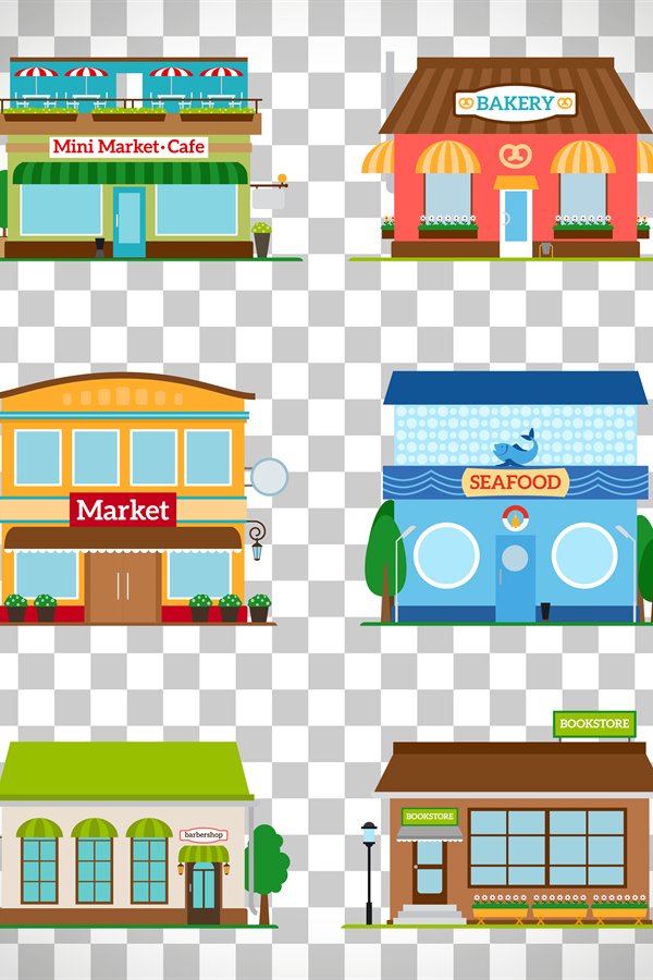 Shop facade set on transparent background