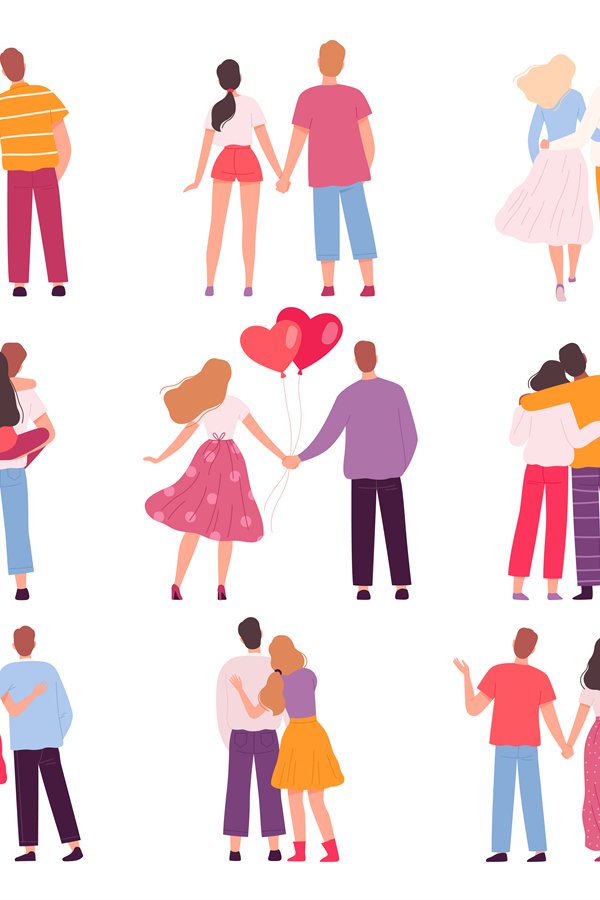 Back view couples. Cartoon characters walking together lovin