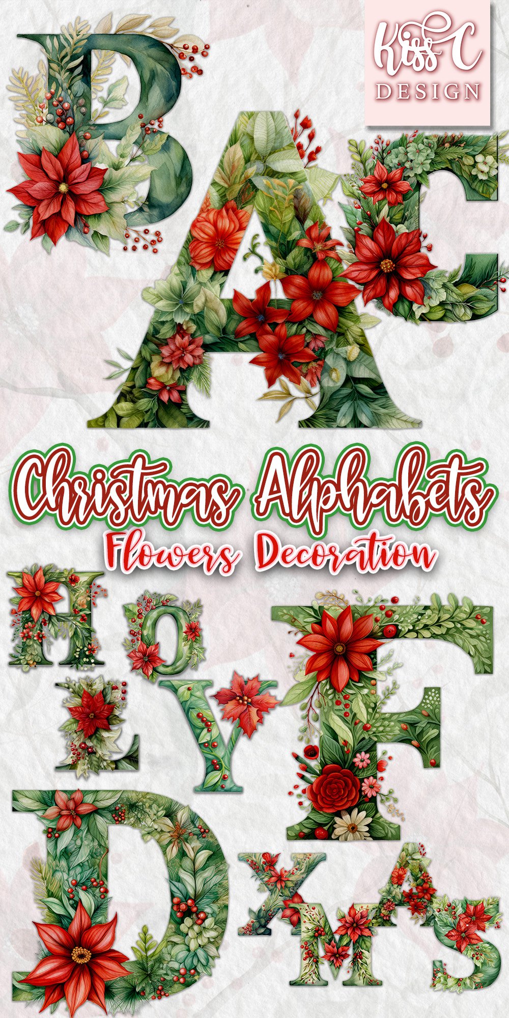Floral Christmas Alphabet PNG Illustration Clipart