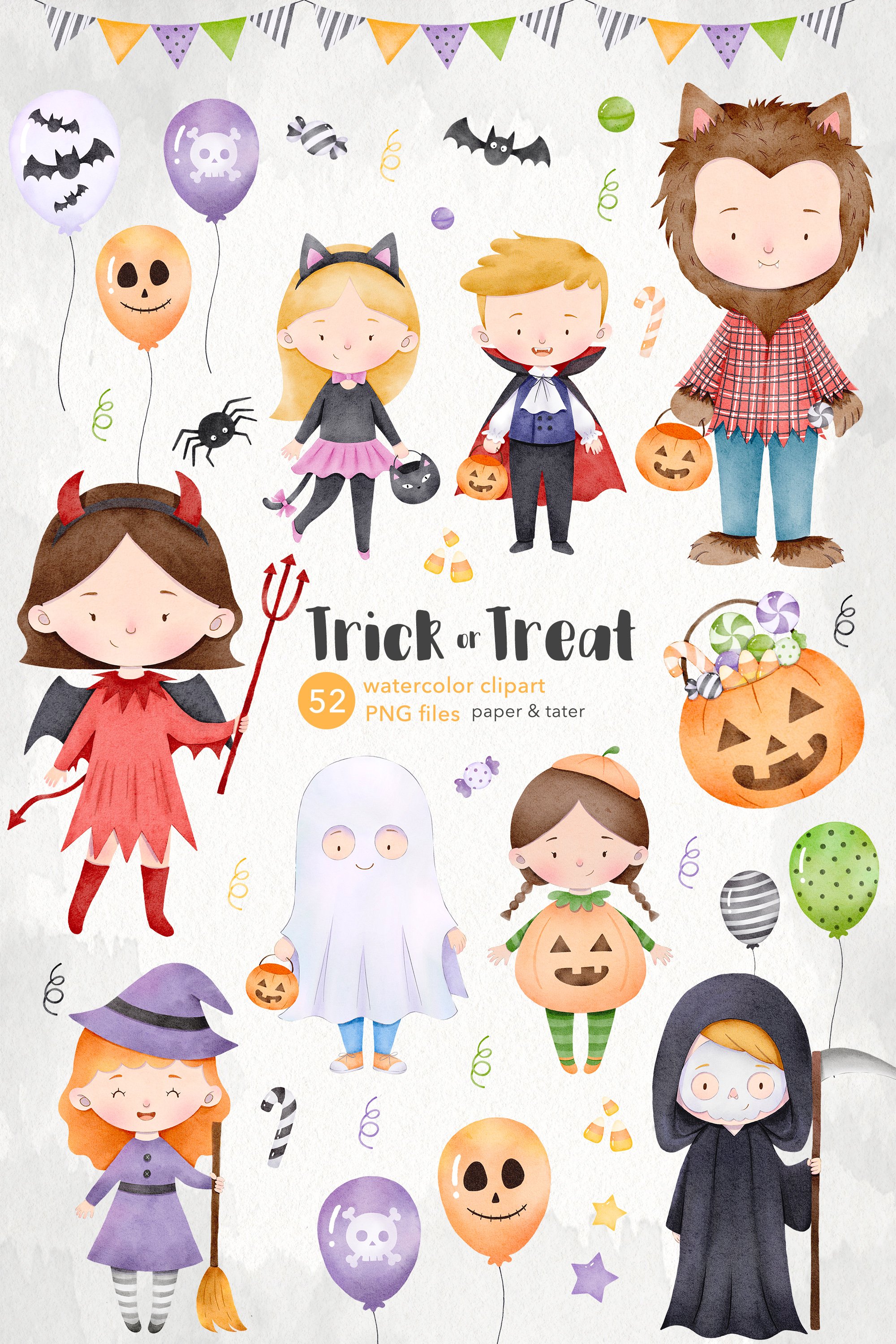 Watercolor Trick or Treat Halloween Costume Kids Clipart PNG