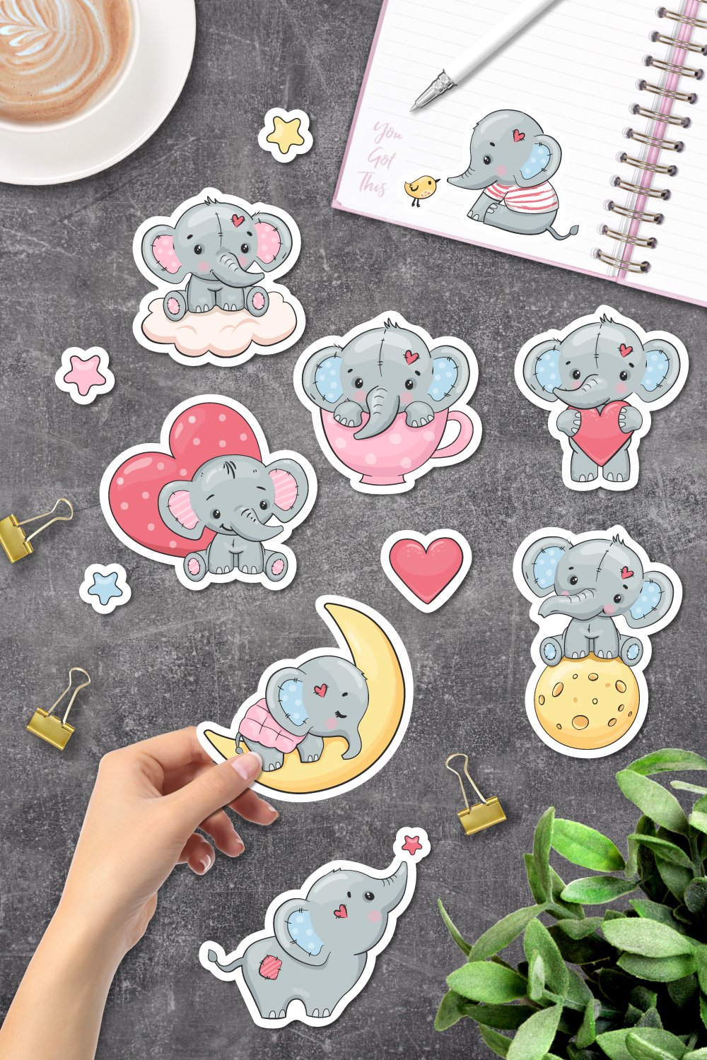 Elephant stickers, printable and digital set (1795026)