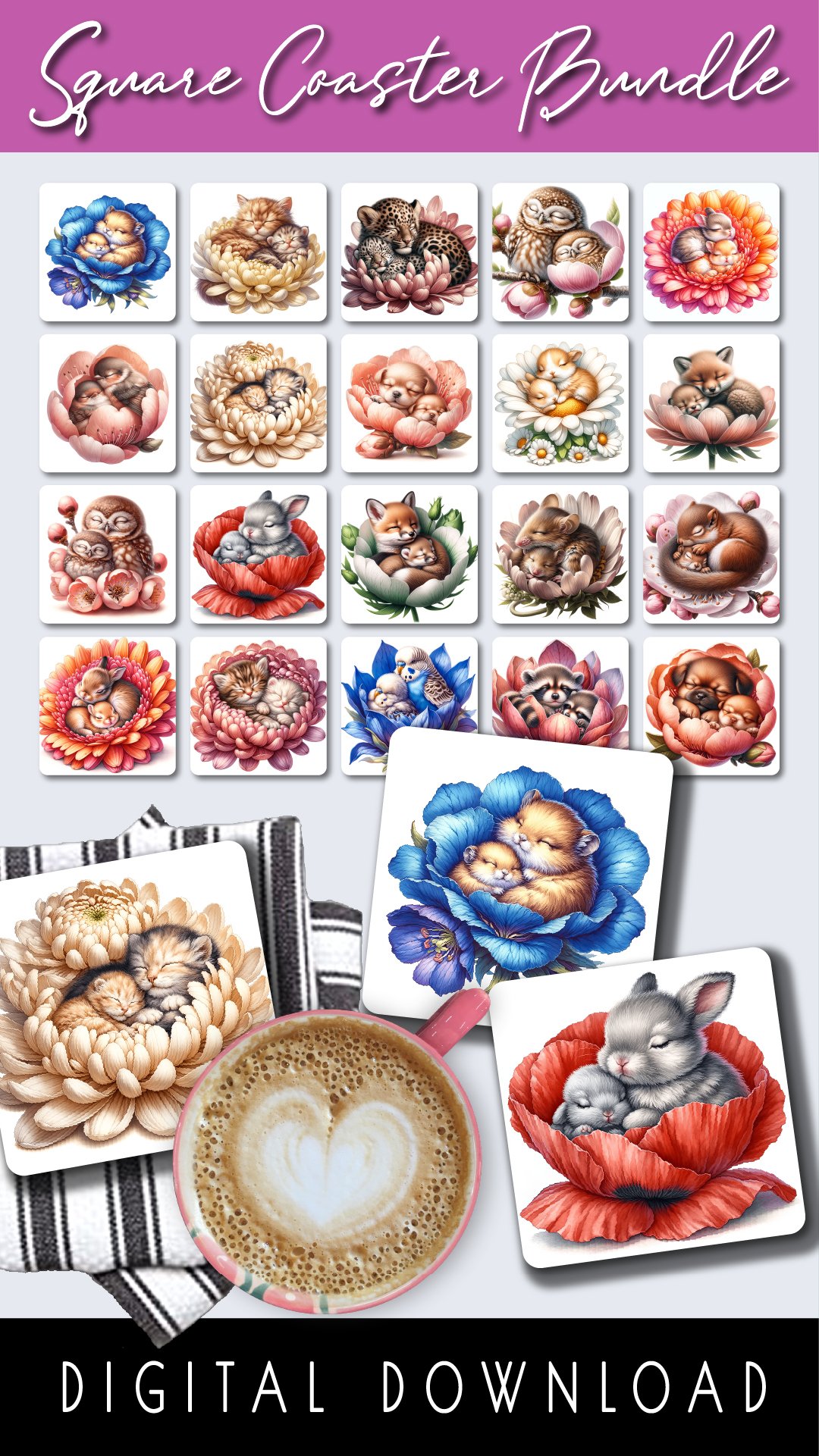 Mothers Day Coaster Bundle, Baby Animals Square Coaster PNG