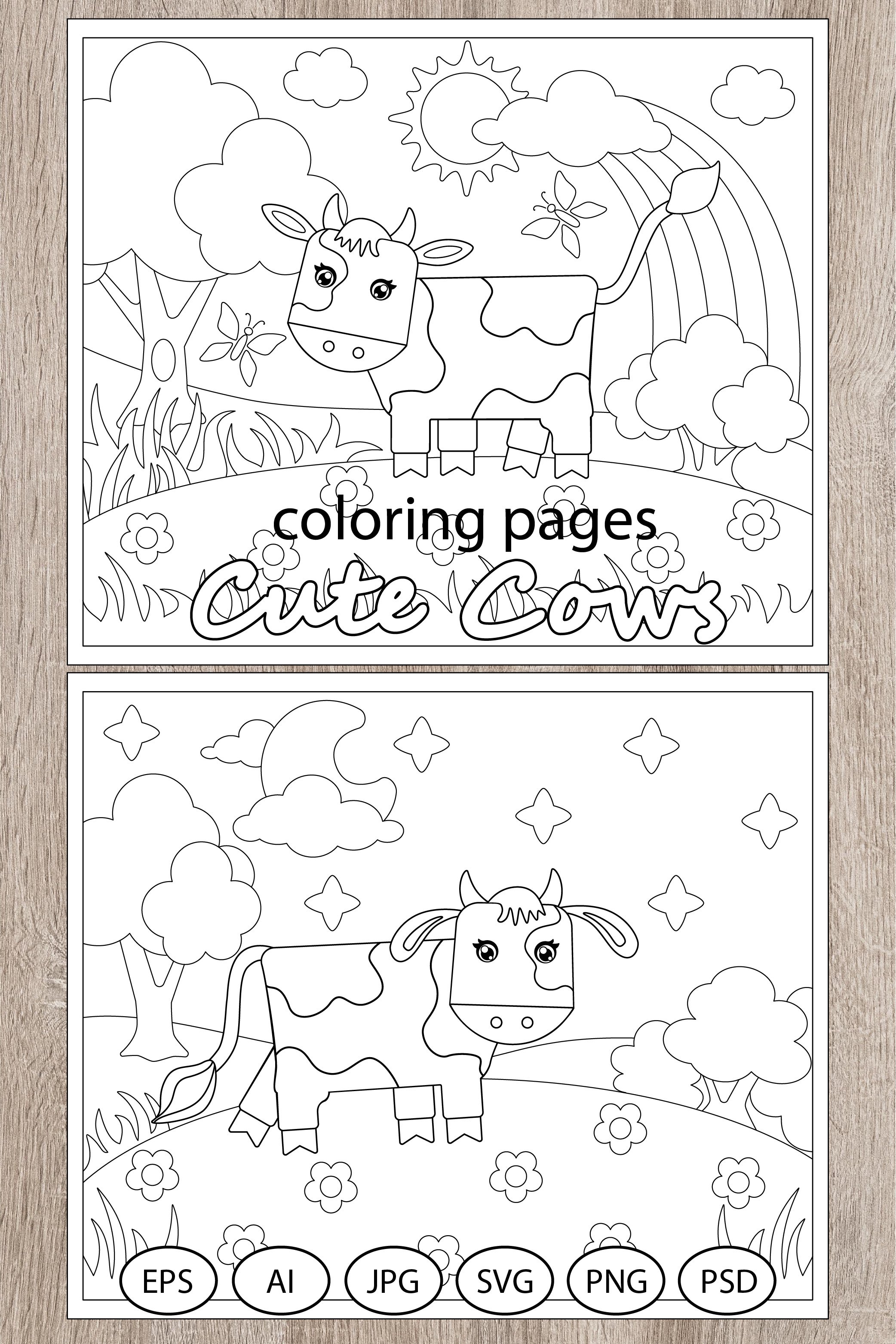 Cute Cows - 2 coloring pages for kids