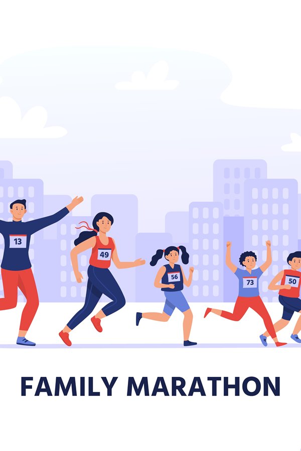 Family marathon. Happy parents run together with kids. Healt