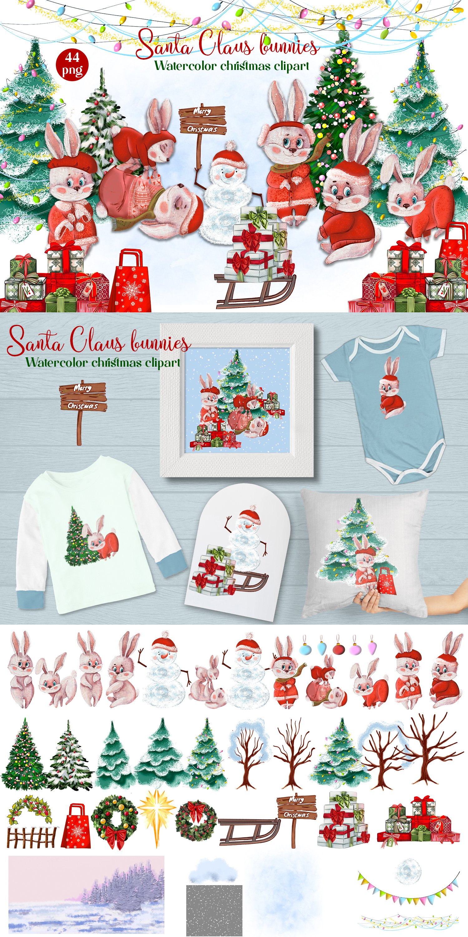 Santa Claus bunnies Watercolor christmas clipart