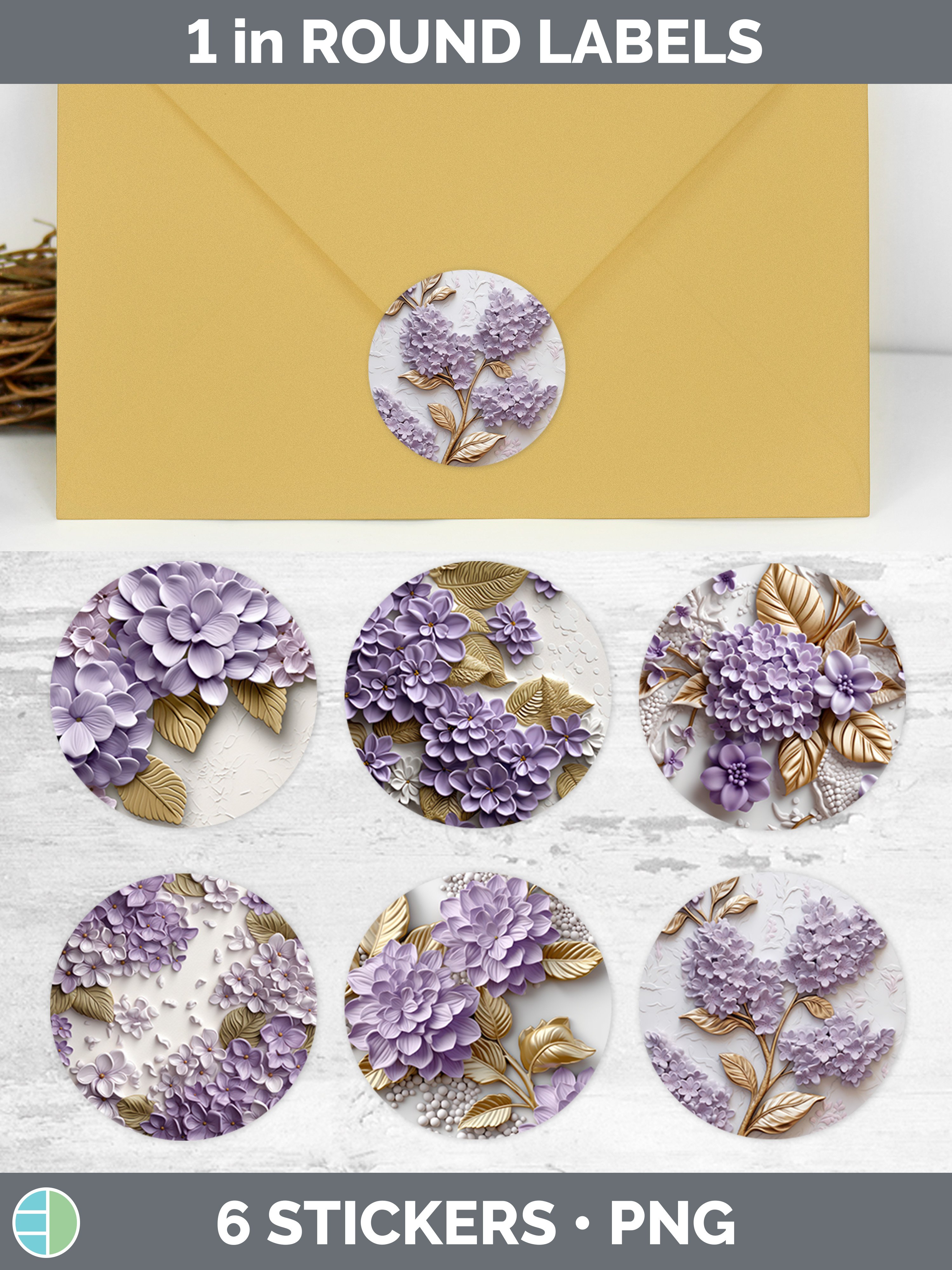 3D Lilac Flowers Stickers | Round Labels Designs Bundle